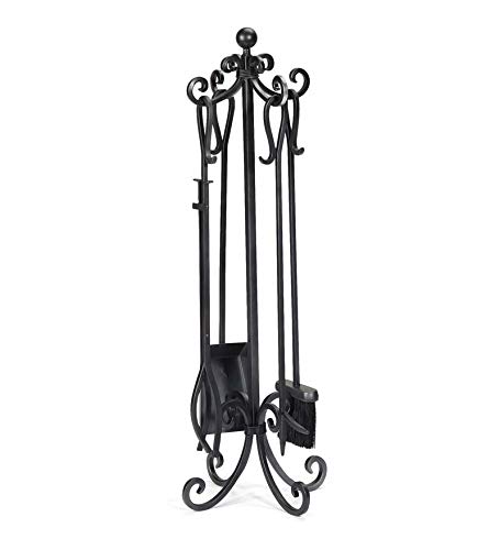 Plow & Hearth Crest Fireplace 4-Piece Tool Set with Stand, Solid Steel, Convenient Hanging Loops, Tongs, Poker, Shovel, Broom, Decorative and Functional, Approx. 12"" diam. x 34¾"" H (Black)