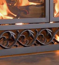 Plow & Hearth Metal Fireplace Screen Scrollwork Black | 44" W x 33" H | 2 Door | Spark Guard Grate | Fire Place Cover | Wood Burning Stove Accessories