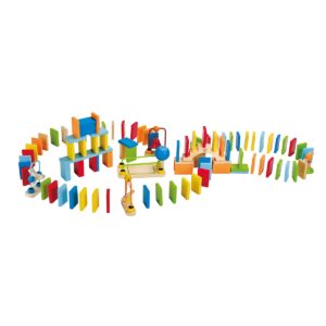 hape dynamo wooden domino set award winning domino racing building block set for kids, 107 solid pieces of fun filled racing, building and stacking