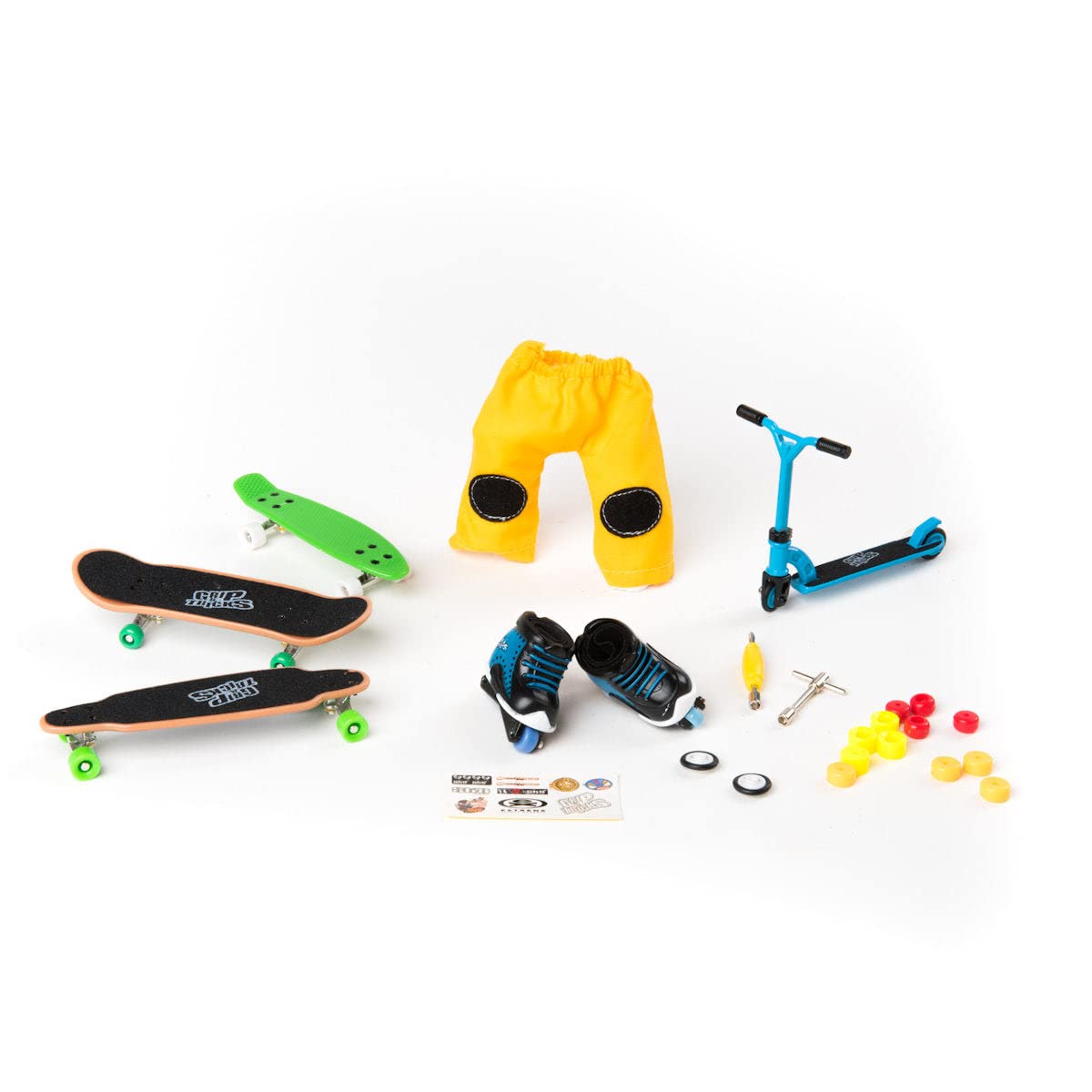 Grip and Tricks - 5Rider Finger Toy Box with 3 Finger Skates 1 Pair of Finger Roller Skates 1 Finger Scooter 14 Extra Mini Fingerboards Wheels and Accessories - 23 Pieces for 6+ Kids