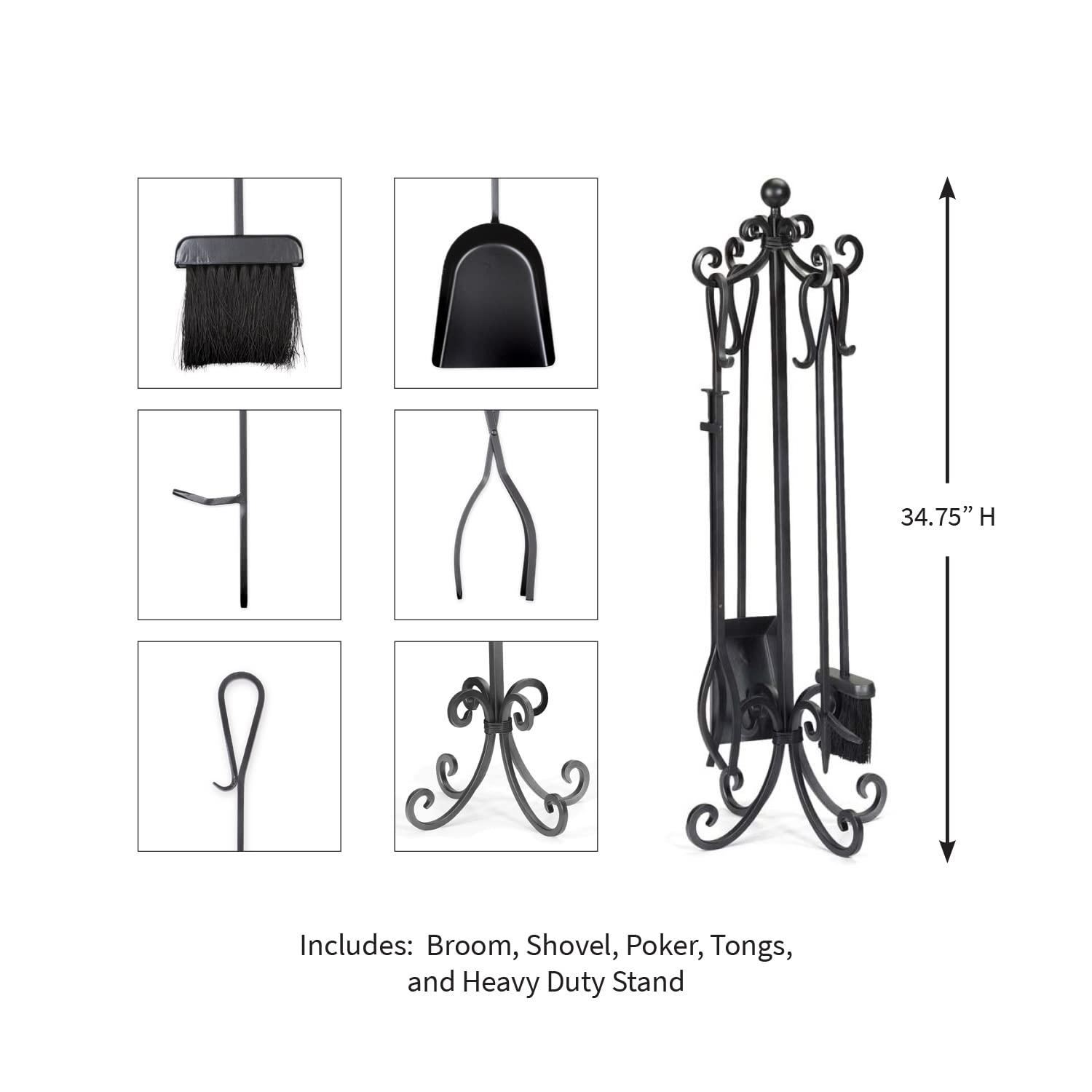 Plow & Hearth Crest Fireplace 4-Piece Tool Set with Stand, Solid Steel, Convenient Hanging Loops, Tongs, Poker, Shovel, Broom, Decorative and Functional, Approx. 12"" diam. x 34¾"" H (Black)