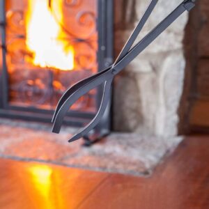 Plow & Hearth Crest Fireplace 4-Piece Tool Set with Stand, Solid Steel, Convenient Hanging Loops, Tongs, Poker, Shovel, Broom, Decorative and Functional, Approx. 12"" diam. x 34¾"" H (Black)