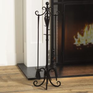 Plow & Hearth Crest Fireplace 4-Piece Tool Set with Stand, Solid Steel, Convenient Hanging Loops, Tongs, Poker, Shovel, Broom, Decorative and Functional, Approx. 12"" diam. x 34¾"" H (Black)