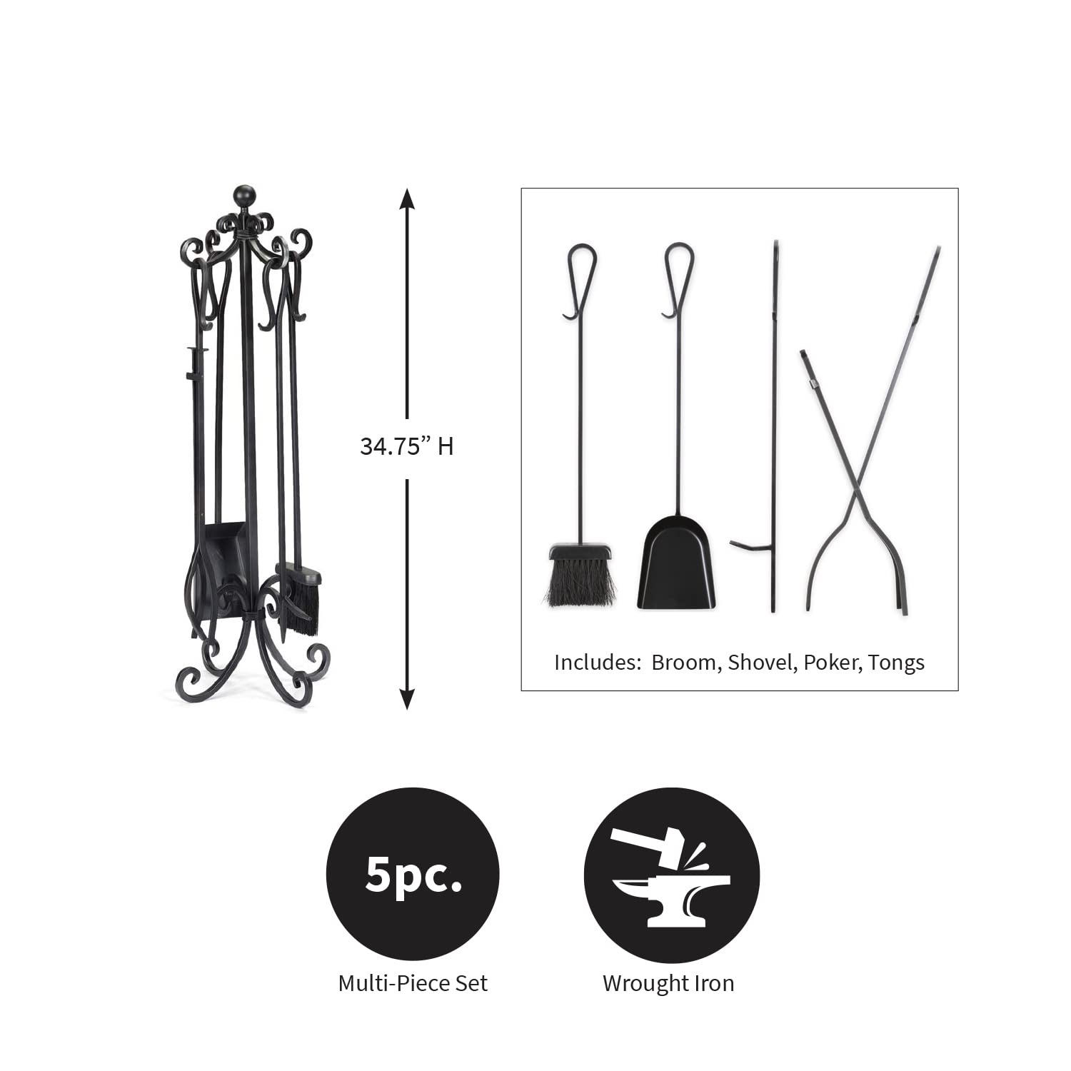 Plow & Hearth Crest Fireplace 4-Piece Tool Set with Stand, Solid Steel, Convenient Hanging Loops, Tongs, Poker, Shovel, Broom, Decorative and Functional, Approx. 12"" diam. x 34¾"" H (Black)