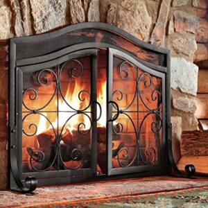 Plow & Hearth Metal Fireplace Screen Crest Arch Black | 44" W x 33" H | 2 - Door | Spark Guard Indoor Grate | Iron Fire Place Cover | Wood Burning Stove Decorative Accessories