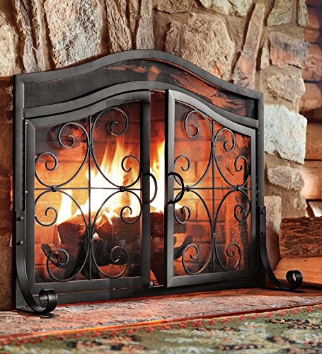 Plow & Hearth Metal Fireplace Screen Crest Arch Black | 44" W x 33" H | 2 - Door | Spark Guard Indoor Grate | Iron Fire Place Cover | Wood Burning Stove Decorative Accessories