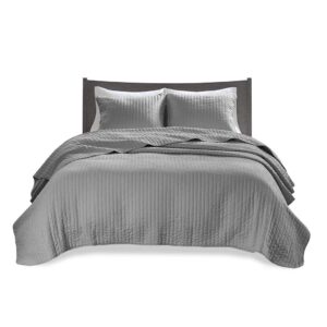 madison park keaton quilt set-casual channel stitching design all season, lightweight coverlet bedspread bedding, shams, full/queen(90"x90"), stripe grey, 3 piece