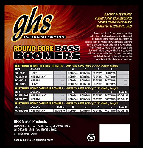 GHS Strings RC-ML3045 Round Core Bass Boomers, 4-Set, Medium Light Gauge, 45-100, (37.25" winding)