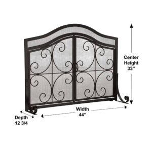 Plow & Hearth Metal Fireplace Screen Crest Arch Black | 44" W x 33" H | 2 - Door | Spark Guard Indoor Grate | Iron Fire Place Cover | Wood Burning Stove Decorative Accessories