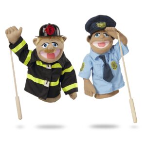 melissa & doug rescue puppet set - police officer and firefighter - soft, plush puppets for kids ages 3+