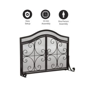 Plow & Hearth Metal Fireplace Screen Crest Arch Black | 44" W x 33" H | 2 - Door | Spark Guard Indoor Grate | Iron Fire Place Cover | Wood Burning Stove Decorative Accessories