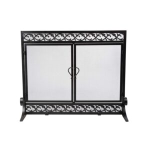 plow & hearth metal fireplace screen scrollwork black | 44" w x 33" h | 2 door | spark guard grate | fire place cover | wood burning stove accessories