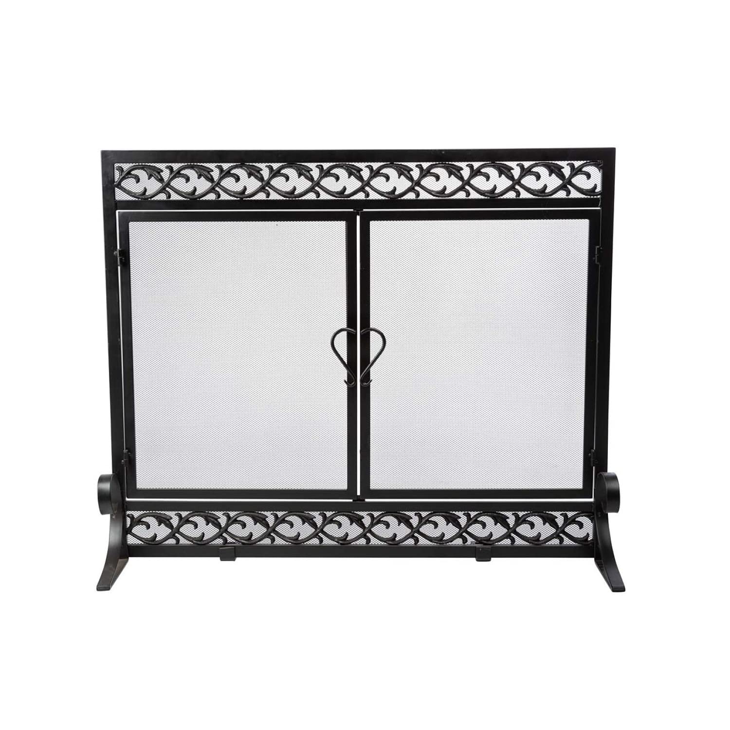 Plow & Hearth Metal Fireplace Screen Scrollwork Black | 44" W x 33" H | 2 Door | Spark Guard Grate | Fire Place Cover | Wood Burning Stove Accessories