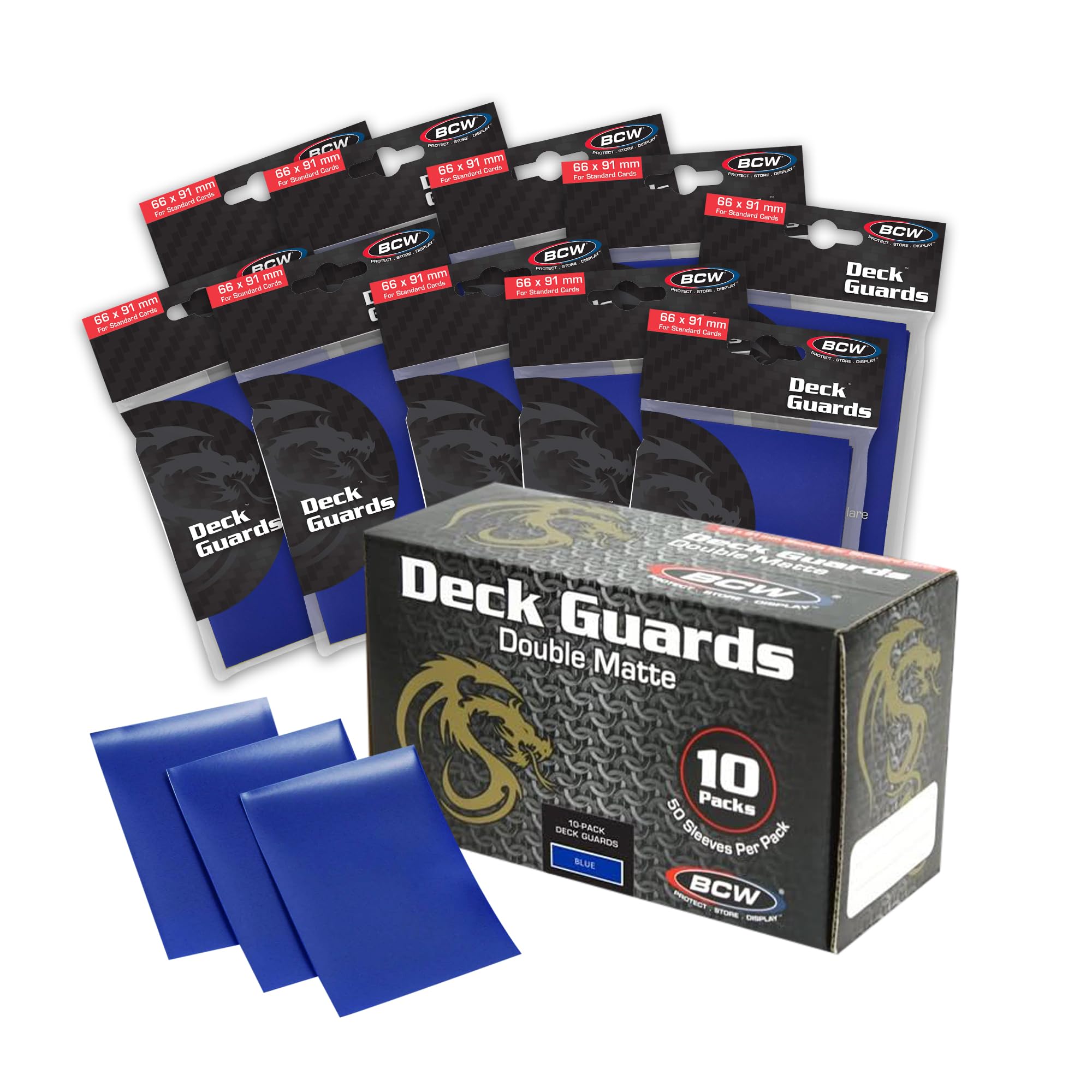 BCW Deck Guard - Double Matte Card Sleeves | 500 Count Box (10 Packs of 50 Sleeves) |Acid-Free, No PVC | Fits 2.5" x 3.5" Game Cards | Archival Safe Sleeves for Card Protection (Blue)