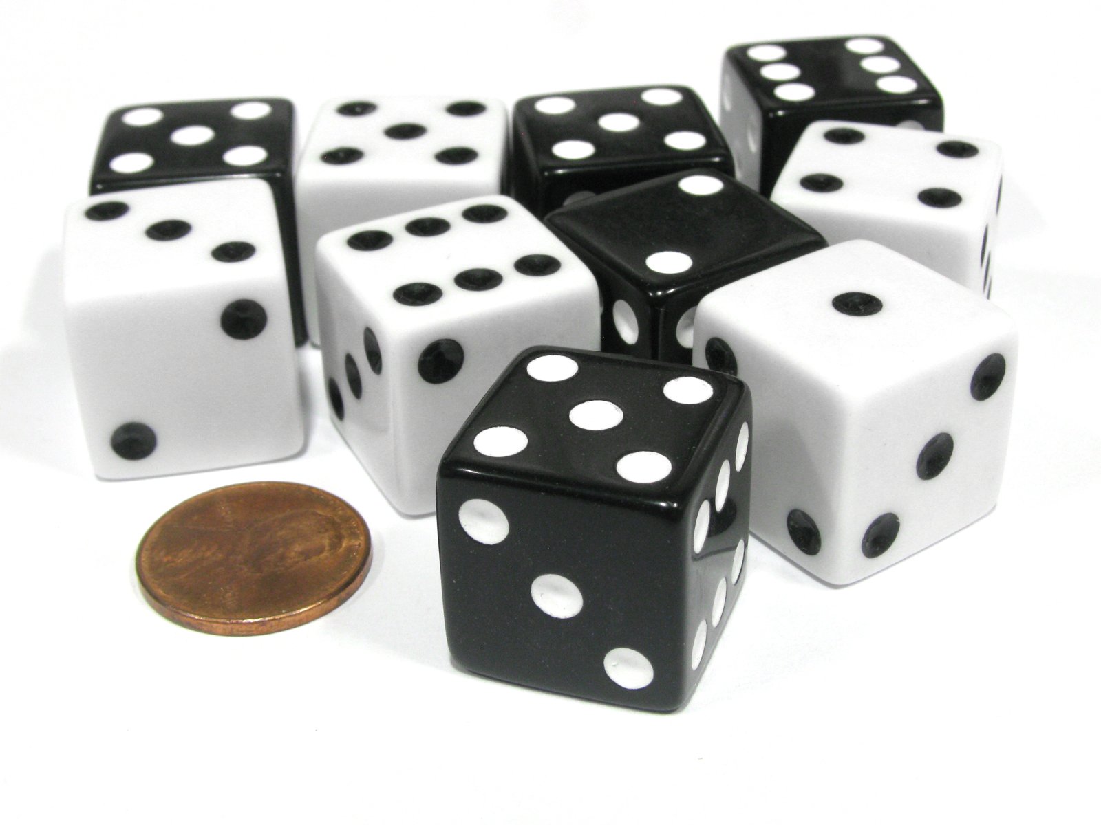 Koplow Games Set of 10 Large Six Sided Square Opaque 19mm D6 Dice - 5 Black and 5 White Die