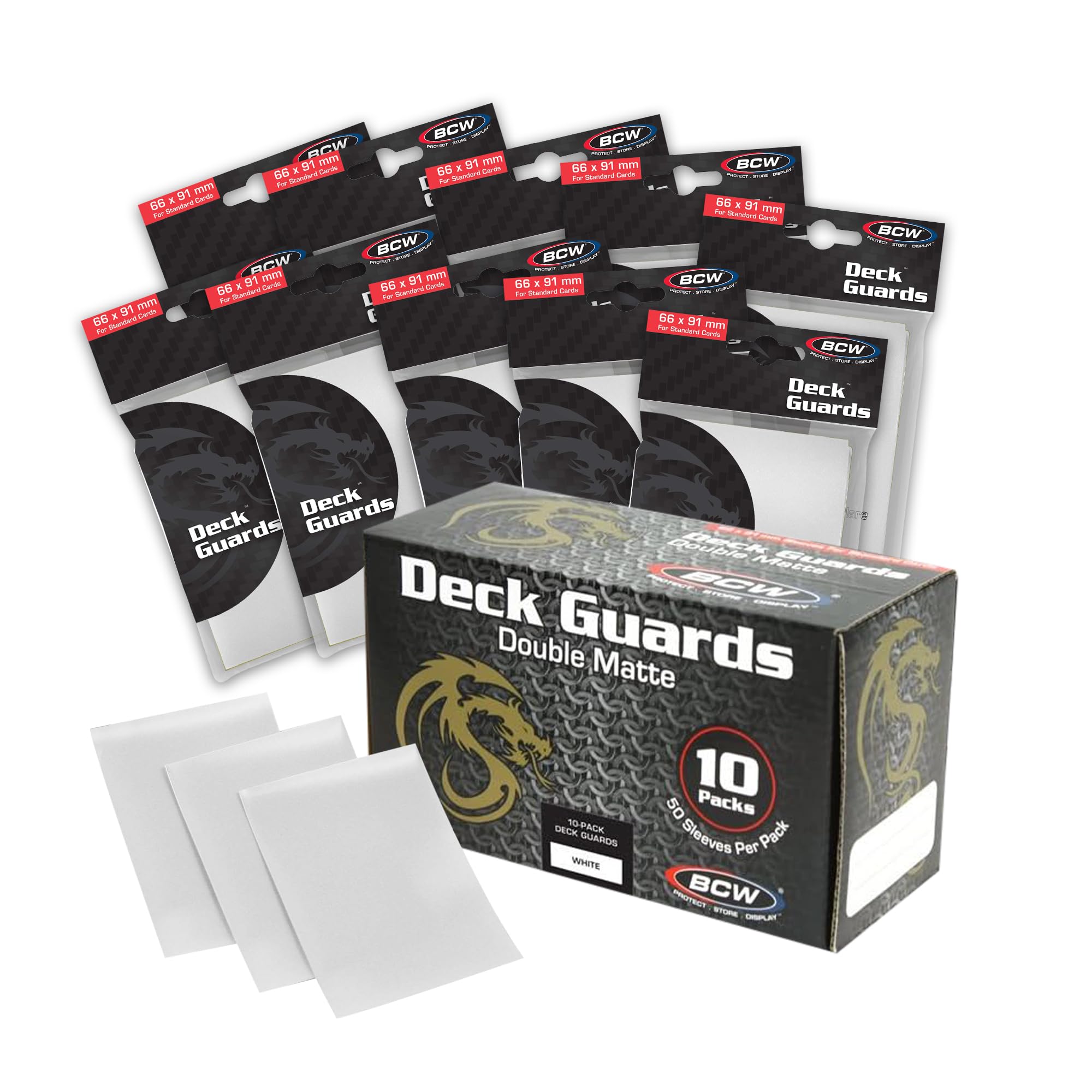 BCW Deck Guard - Double Matte Card Sleeves | 500 Count Box (10 Packs of 50 Sleeves) |Acid-Free, No PVC | Fits 2.5" x 3.5" Game Cards | Archival Safe Sleeves for Card Protection (White)