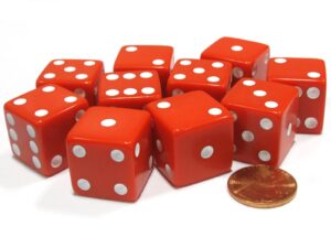 koplow games set of 10 large six sided square opaque 19mm d6 dice - red with white pip die