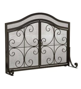 plow & hearth metal fireplace screen crest arch black | 44" w x 33" h | 2 - door | spark guard indoor grate | iron fire place cover | wood burning stove decorative accessories