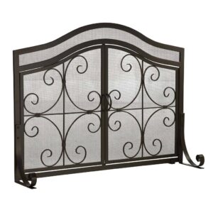 Plow & Hearth Metal Fireplace Screen Crest Arch Black | 44" W x 33" H | 2 - Door | Spark Guard Indoor Grate | Iron Fire Place Cover | Wood Burning Stove Decorative Accessories