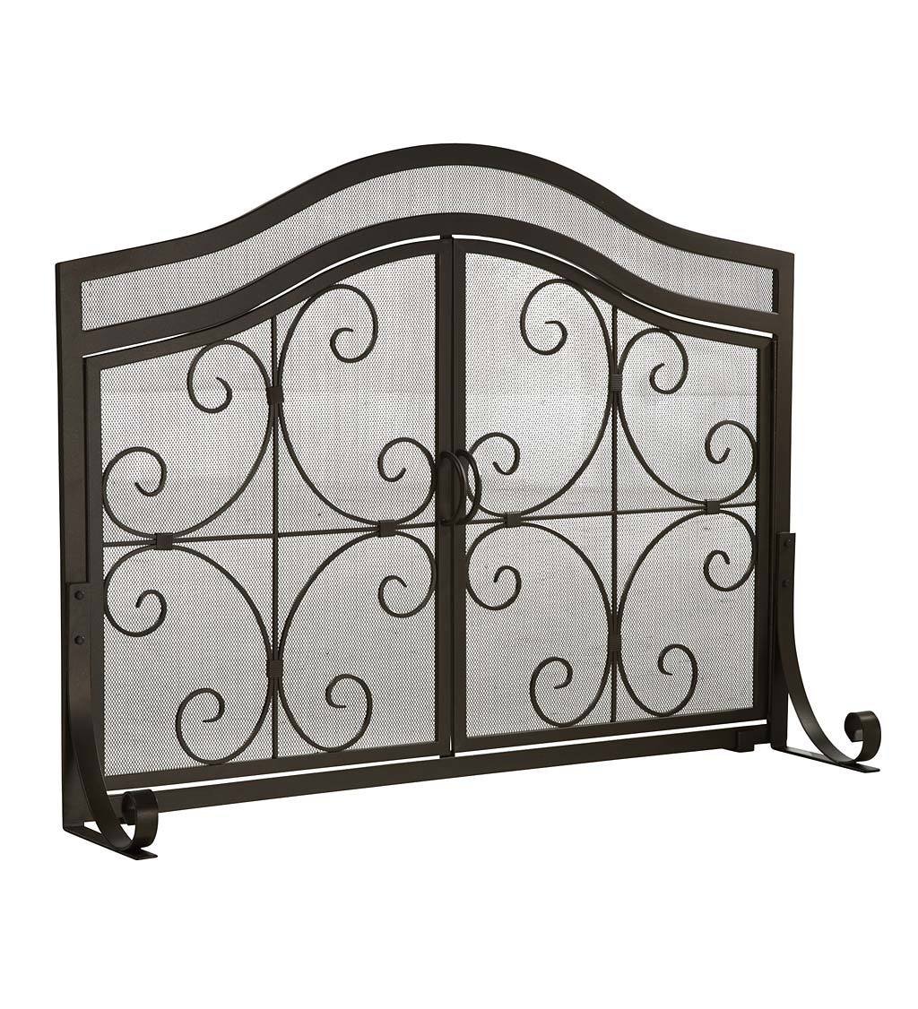 Plow & Hearth Metal Fireplace Screen Crest Arch Black | 44" W x 33" H | 2 - Door | Spark Guard Indoor Grate | Iron Fire Place Cover | Wood Burning Stove Decorative Accessories