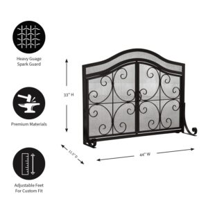 Plow & Hearth Metal Fireplace Screen Crest Arch Black | 44" W x 33" H | 2 - Door | Spark Guard Indoor Grate | Iron Fire Place Cover | Wood Burning Stove Decorative Accessories