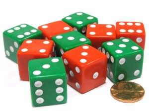 koplow games set of 10 large six sided opaque 19mm d6 dice - christmas colors 5 green & 5 red