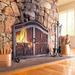 Plow & Hearth Crest Fireplace 4-Piece Tool Set with Stand, Solid Steel, Convenient Hanging Loops, Tongs, Poker, Shovel, Broom, Decorative and Functional, Approx. 12"" diam. x 34¾"" H (Black)