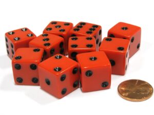 set of 10 six sided square opaque 16mm d6 dice -red with black pip die by koplow games