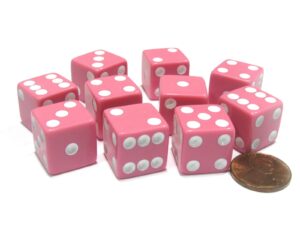 koplow games set of 10 six sided square opaque 16mm d6 dice - pink with white pip die