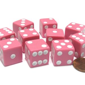 Koplow Games Set of 10 Six Sided Square Opaque 16mm D6 Dice - Pink with White Pip Die