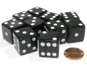 koplow games set of 10 large six sided square opaque 19mm d6 dice - black with white pip die