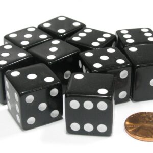 Koplow Games Set of 10 Large Six Sided Square Opaque 19mm D6 Dice - Black with White Pip Die