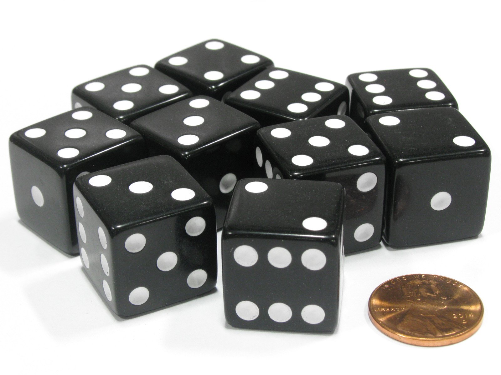 Koplow Games Set of 10 Large Six Sided Square Opaque 19mm D6 Dice - Black with White Pip Die