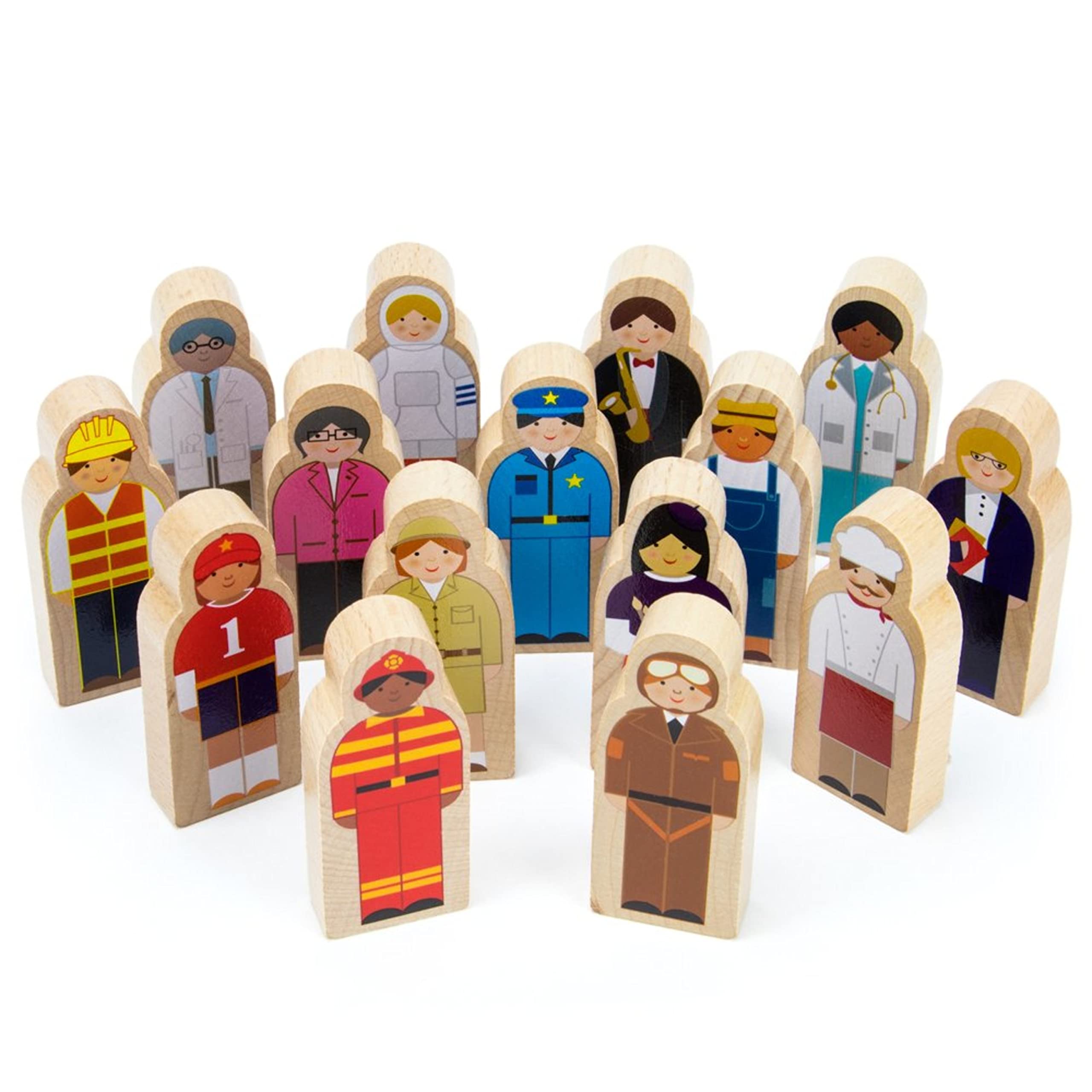 Little Professionals Wooden Character Set - Cute Wood Block People Toys for Kids & Toddlers - Open Ended STEM Pretend Play & Educational Games for Children, Boys & Girls (15-Pieces)