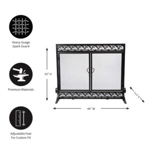 Plow & Hearth Metal Fireplace Screen Scrollwork Black | 44" W x 33" H | 2 Door | Spark Guard Grate | Fire Place Cover | Wood Burning Stove Accessories