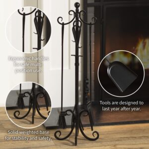 Plow & Hearth Crest Fireplace 4-Piece Tool Set with Stand, Solid Steel, Convenient Hanging Loops, Tongs, Poker, Shovel, Broom, Decorative and Functional, Approx. 12"" diam. x 34¾"" H (Black)