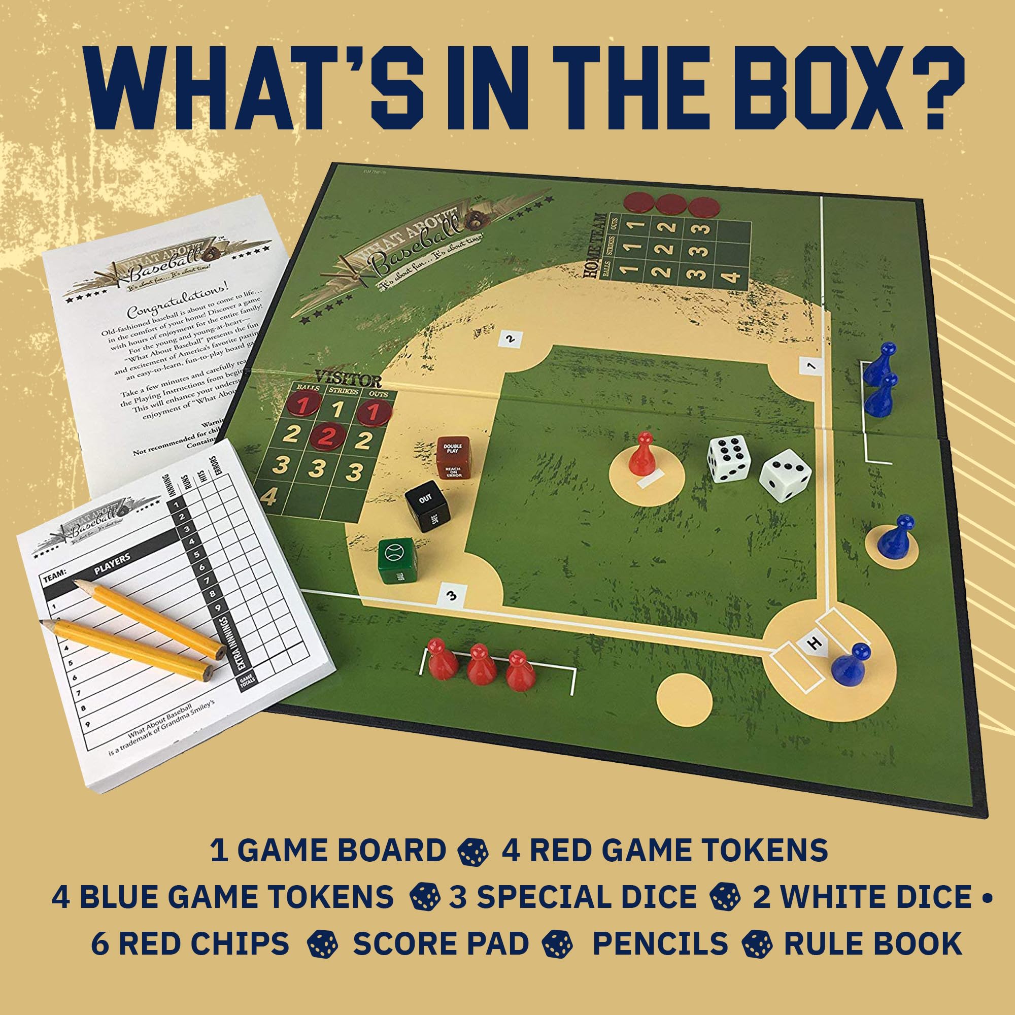 Grandma Smiley's What About Baseball Board Game, Baseball Games for Kids, Baseball Gifts for Kids 8-12, Baseball Toys - 8 Game Tokens, 3 Special Dice, 2 White Dice and 1 Game Board - Made in The USA