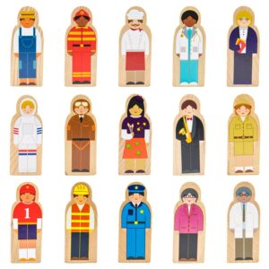 little professionals wooden character set - cute wood block people toys for kids & toddlers - open ended stem pretend play & educational games for children, boys & girls (15-pieces)