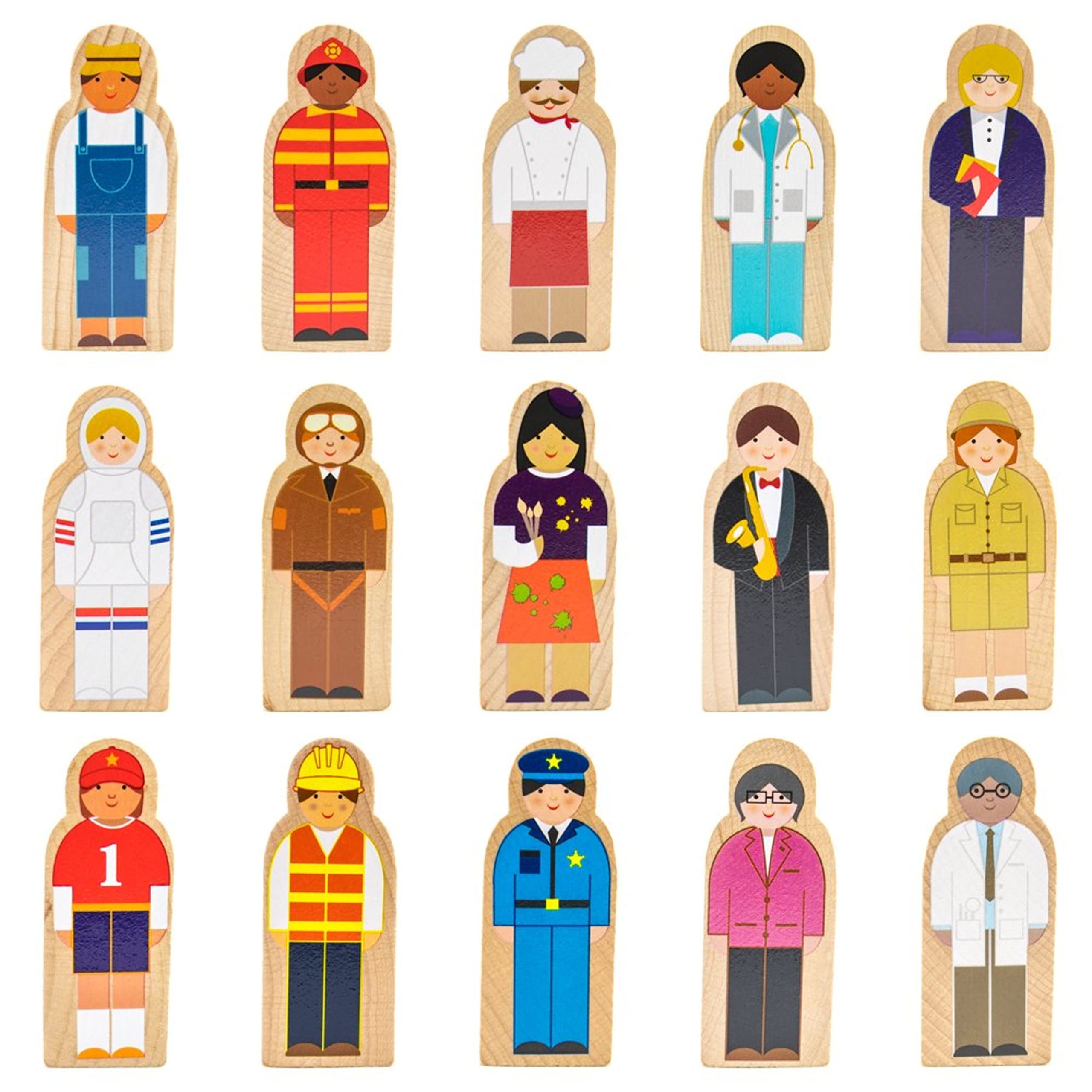 Little Professionals Wooden Character Set - Cute Wood Block People Toys for Kids & Toddlers - Open Ended STEM Pretend Play & Educational Games for Children, Boys & Girls (15-Pieces)