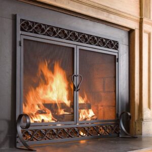 Plow & Hearth Metal Fireplace Screen Scrollwork Black | 44" W x 33" H | 2 Door | Spark Guard Grate | Fire Place Cover | Wood Burning Stove Accessories