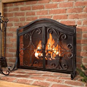 Plow & Hearth Metal Fireplace Screen Crest Arch Black | 44" W x 33" H | 2 - Door | Spark Guard Indoor Grate | Iron Fire Place Cover | Wood Burning Stove Decorative Accessories