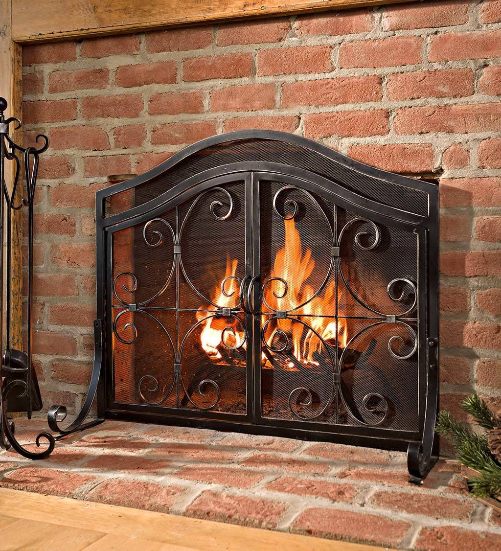 Plow & Hearth Metal Fireplace Screen Crest Arch Black | 44" W x 33" H | 2 - Door | Spark Guard Indoor Grate | Iron Fire Place Cover | Wood Burning Stove Decorative Accessories