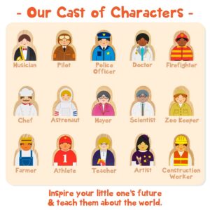 Little Professionals Wooden Character Set - Cute Wood Block People Toys for Kids & Toddlers - Open Ended STEM Pretend Play & Educational Games for Children, Boys & Girls (15-Pieces)