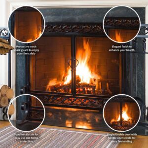 Plow & Hearth Metal Fireplace Screen Scrollwork Black | 44" W x 33" H | 2 Door | Spark Guard Grate | Fire Place Cover | Wood Burning Stove Accessories