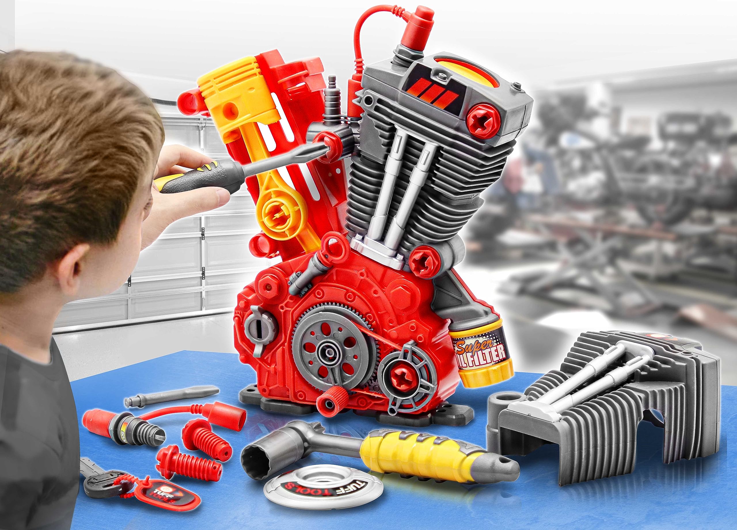 Lanard Tuff Tools: Engine Overhaul - 25 pc Playset, Lights & Sounds, Motorcycle Engine Building Set, Realistic Mechanic Toy, Kids Ages 3+