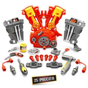 Lanard Tuff Tools: Engine Overhaul - 25 pc Playset, Lights & Sounds, Motorcycle Engine Building Set, Realistic Mechanic Toy, Kids Ages 3+