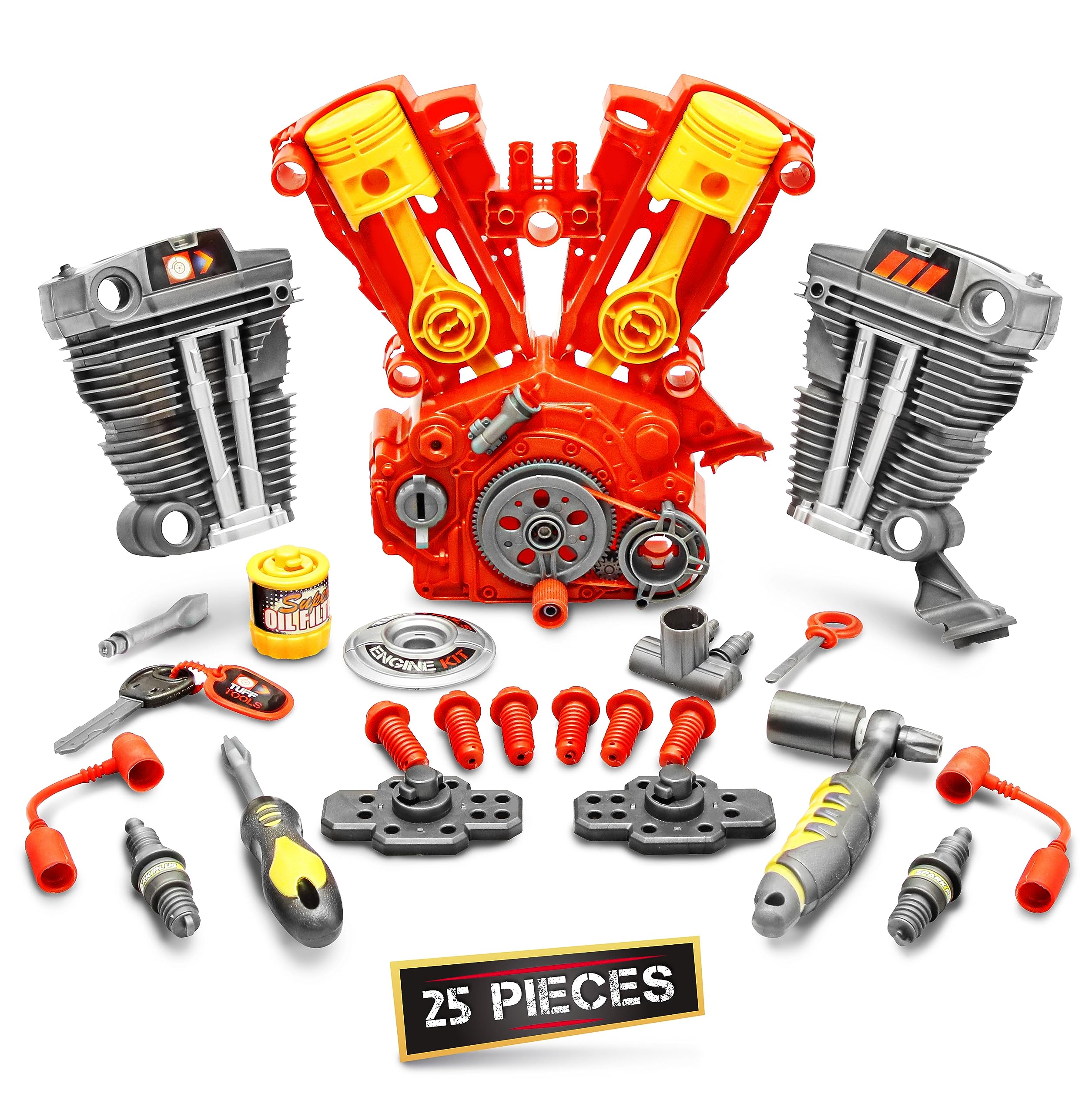 Lanard Tuff Tools: Engine Overhaul - 25 pc Playset, Lights & Sounds, Motorcycle Engine Building Set, Realistic Mechanic Toy, Kids Ages 3+