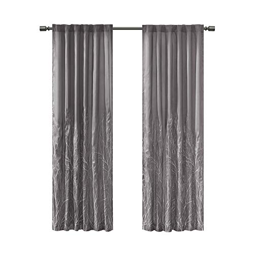 Madison Park Andora Embroidered Back Tab Fabric Single Window Living Room, Transitional Rod Pocket Light Curtain for Bedroom, 1-Panel Pack, 50 x 84, Grey