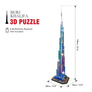 CubicFun 3D Puzzles LED Dubai Burj Khalifa 57.5" H Architecture Building Model Kits for Adults, Souvenir Decoration and Birthday Gifts for Men and Women, the Tallest Tower 136 Pcs