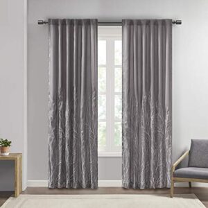 madison park andora embroidered back tab fabric single window living room, transitional rod pocket light curtain for bedroom, 1-panel pack, 50 x 84, grey